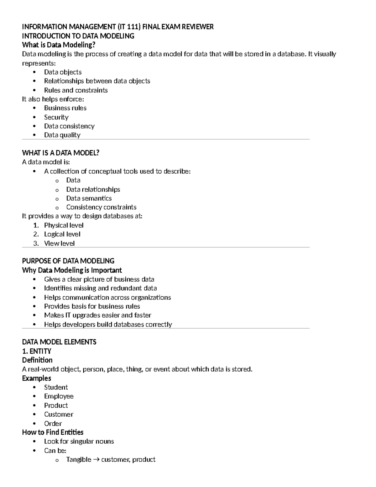 INFORMATION MANAGEMENT (IT FINAL EXAM) DATA MODELING REVIEW - Studocu