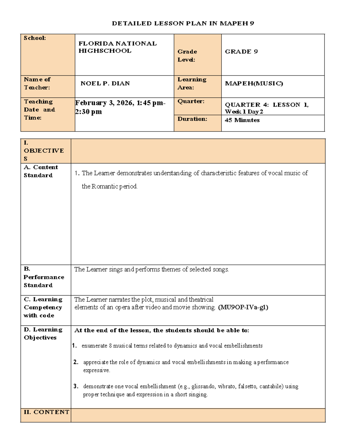 DLP: Detailed Lesson Plan for MAPEH 9 - Dynamics & Vocal Embellishments ...