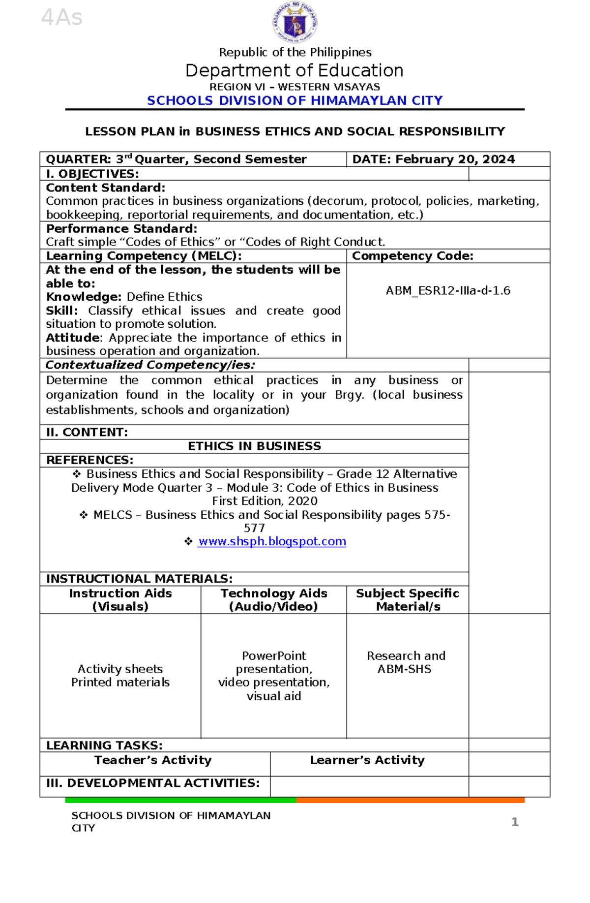 BUSINESS ETHICS AND SOCIAL RESPONSIBILITY LESSON PLAN (LP- Catch UP ...