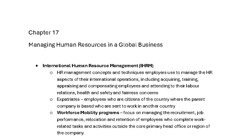 Chapter 17 - IHRM: Managing Global Human Resources Effectively - Studocu