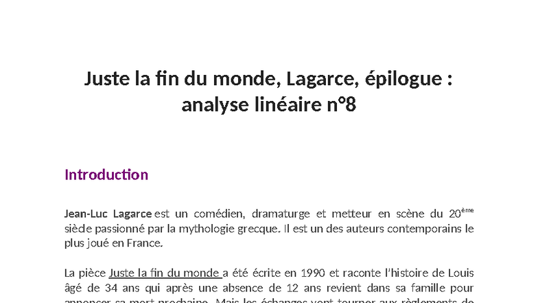Analyse linéaire de l'épilogue de "Juste la fin du monde" (Lagarce ...
