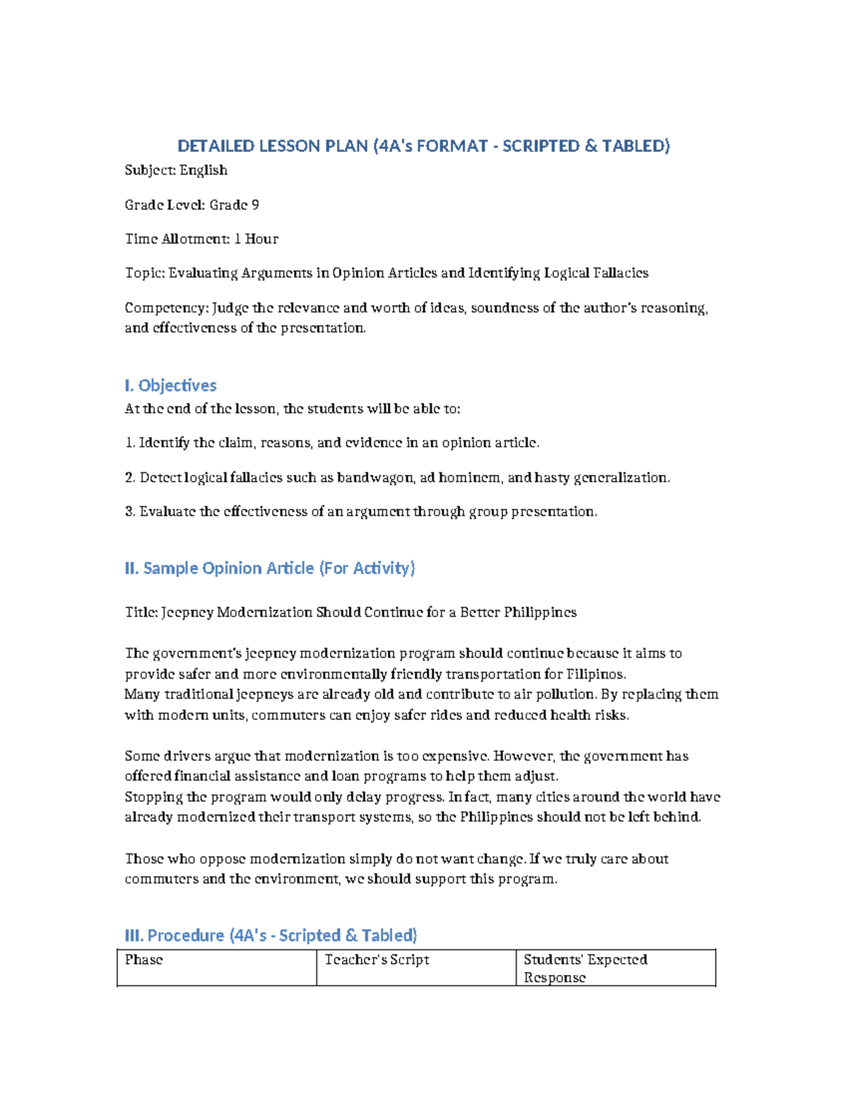 Grade 9 English Lesson Plan: Evaluating Arguments & Logical Fallacies ...