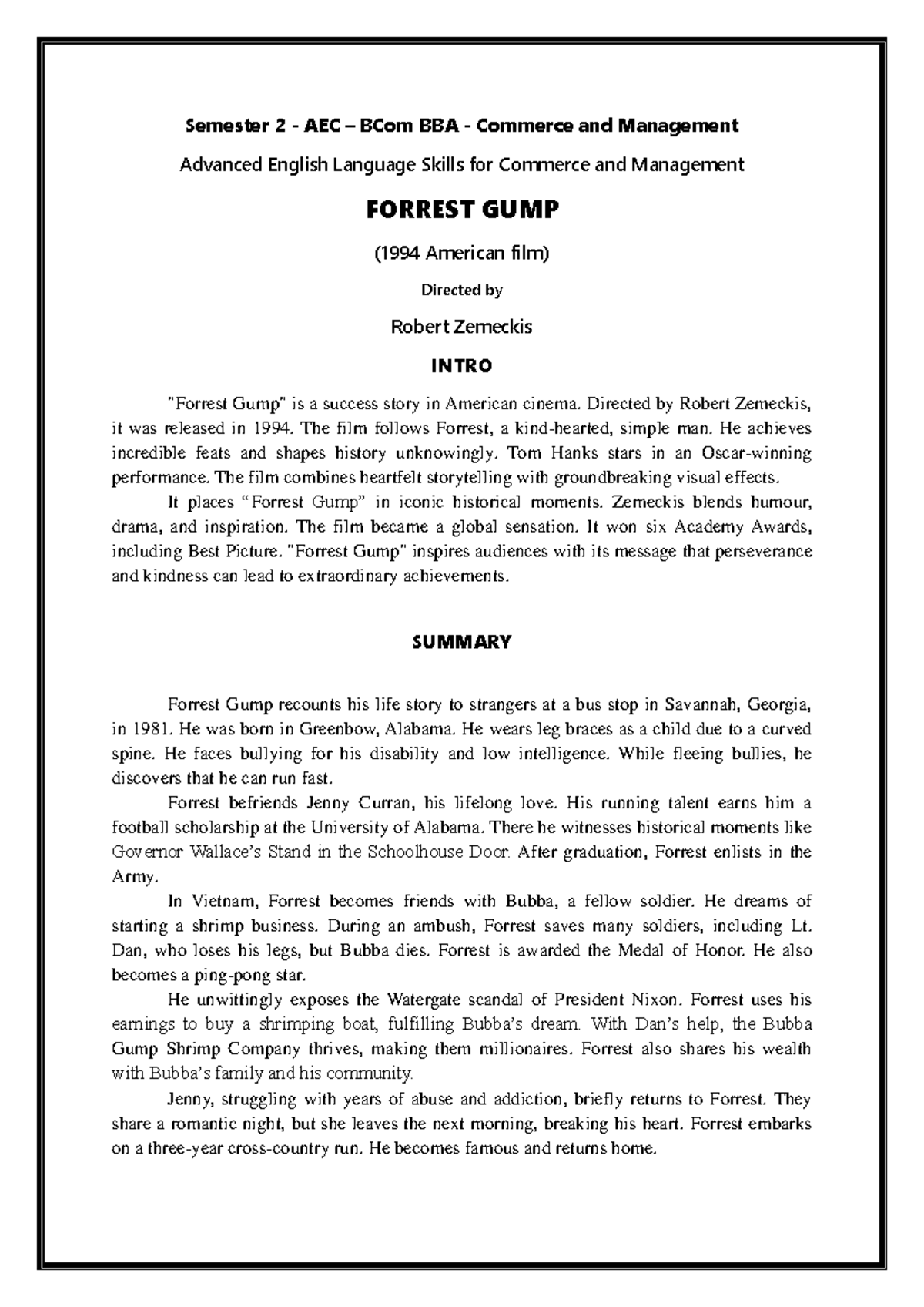 B4 Forrest Gump Summary - Semester 2 - AEC – BCom BBA - Commerce and ...