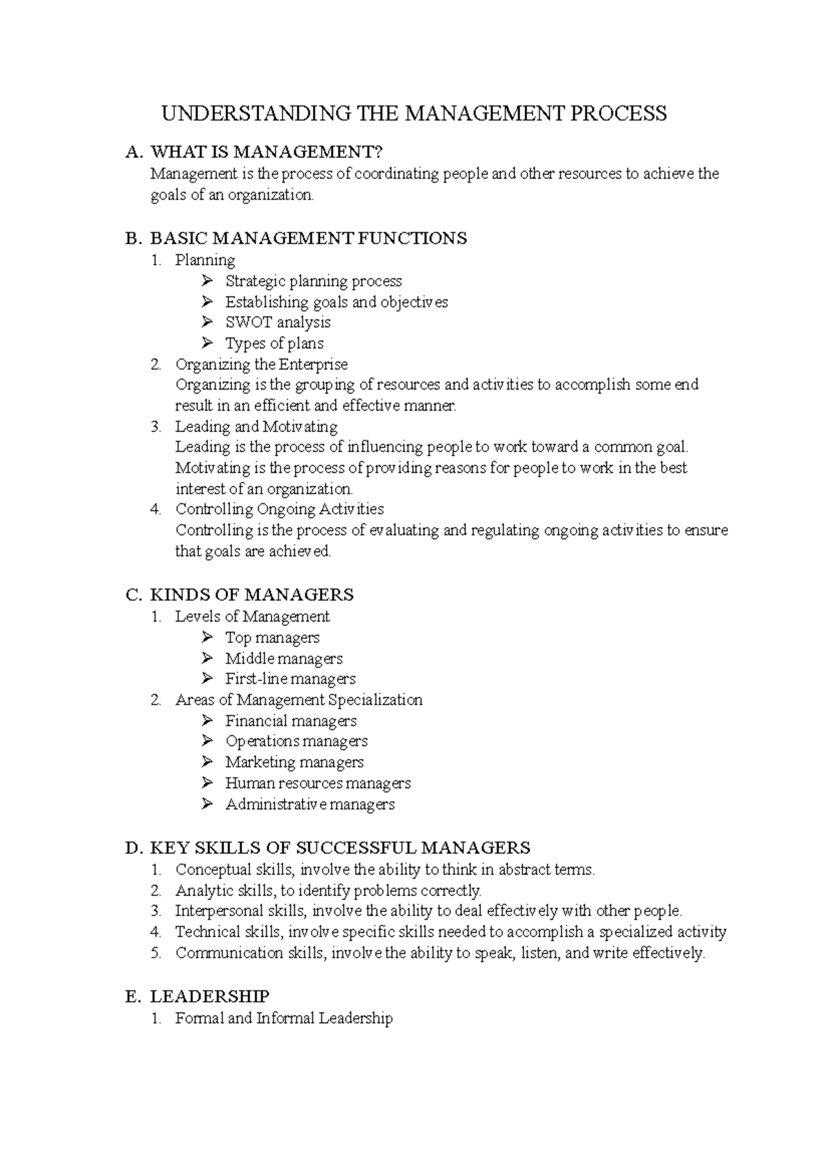 Understanding the Management Process: Key Functions and Skills - Studocu