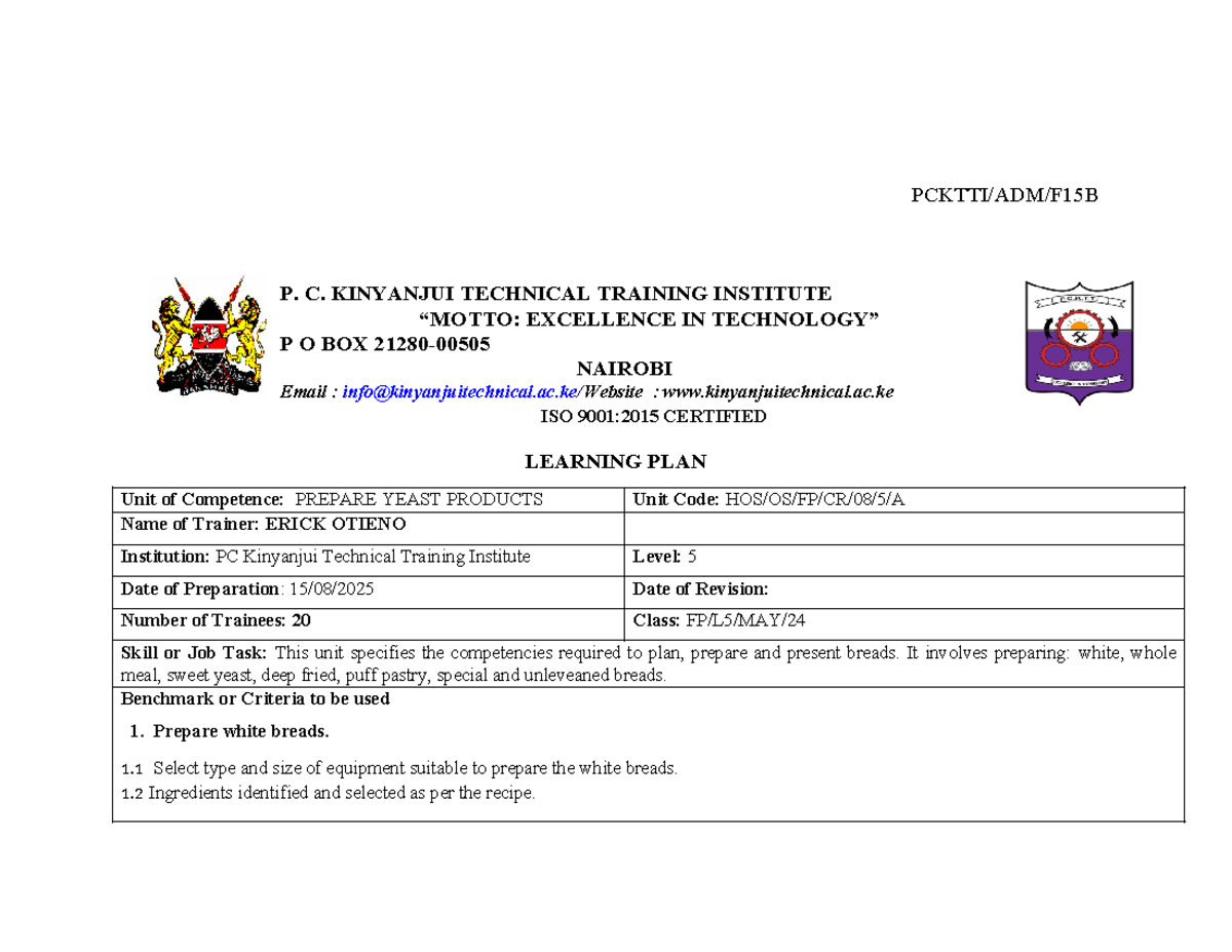 Learning Plan: Prepare Yeast Products (Unit Code: PC KINYANJUI) - Studocu