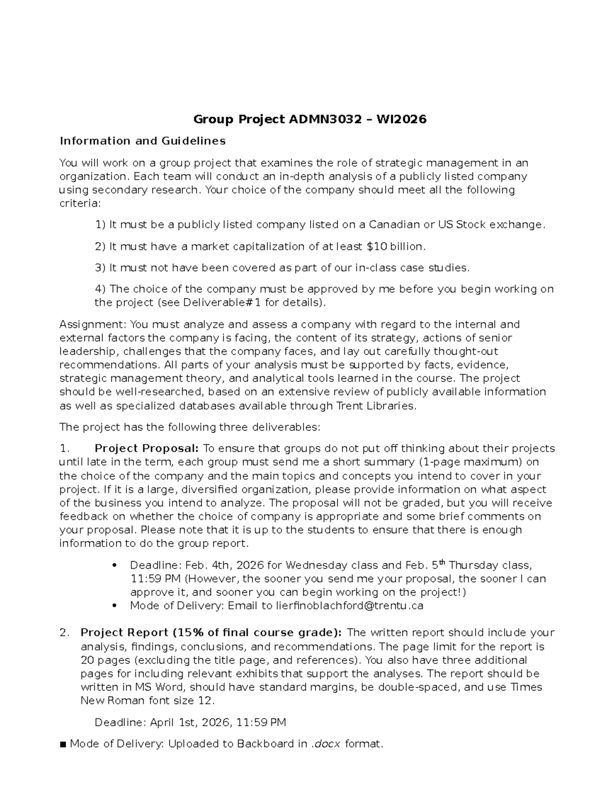 Group Project Proposal ADMN3032 WI2026: Strategic Management Analysis ...