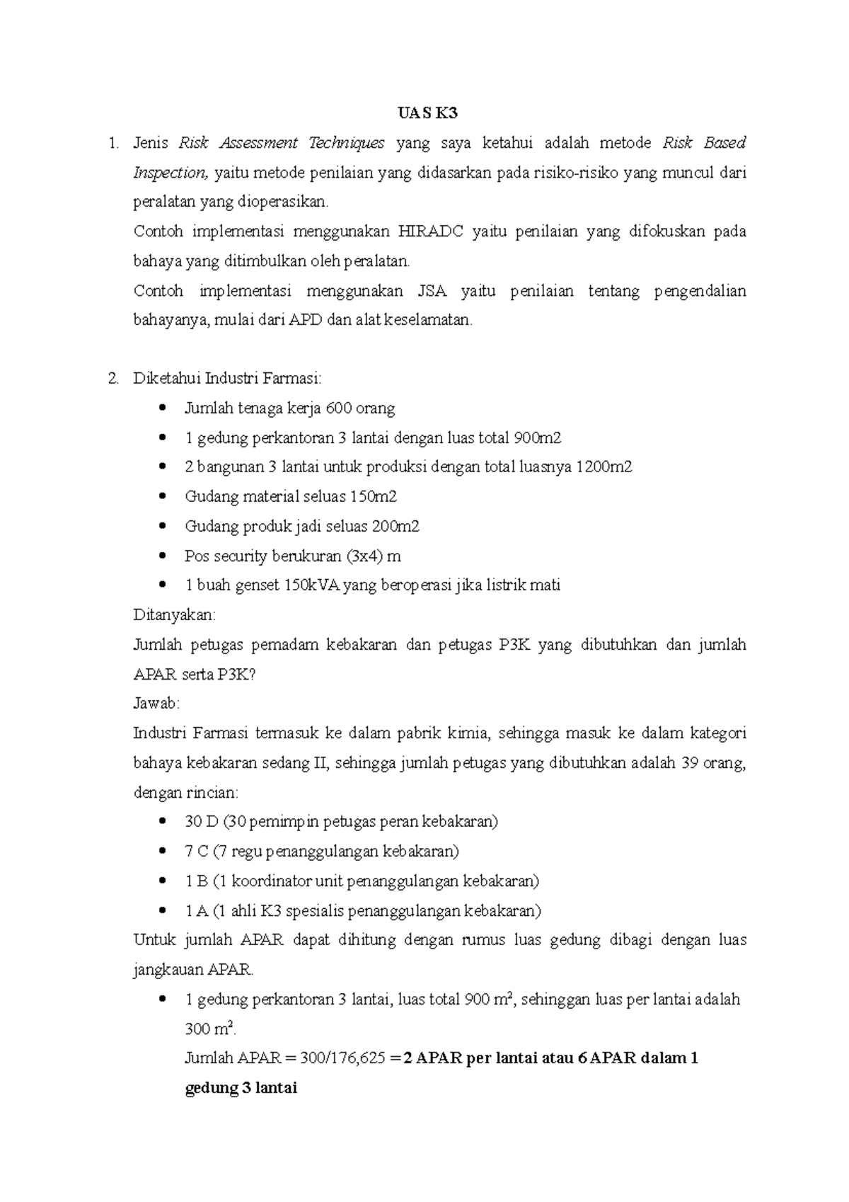 UAS K3 - Soal & Jawaban UAS K3 2021/2022: Penilaian Risiko dan Rencana Darurat - Studocu