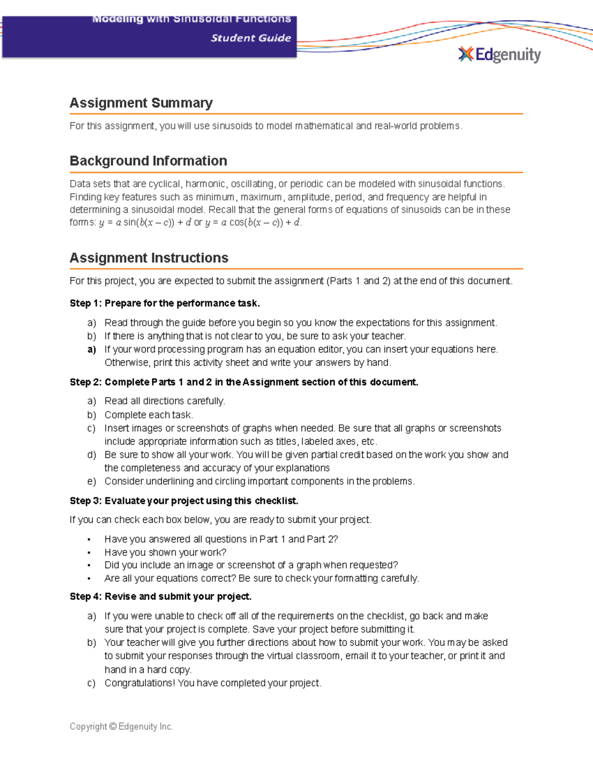 Performance Task - Modeling Sinusoidal Functions - Student Guide - Studocu