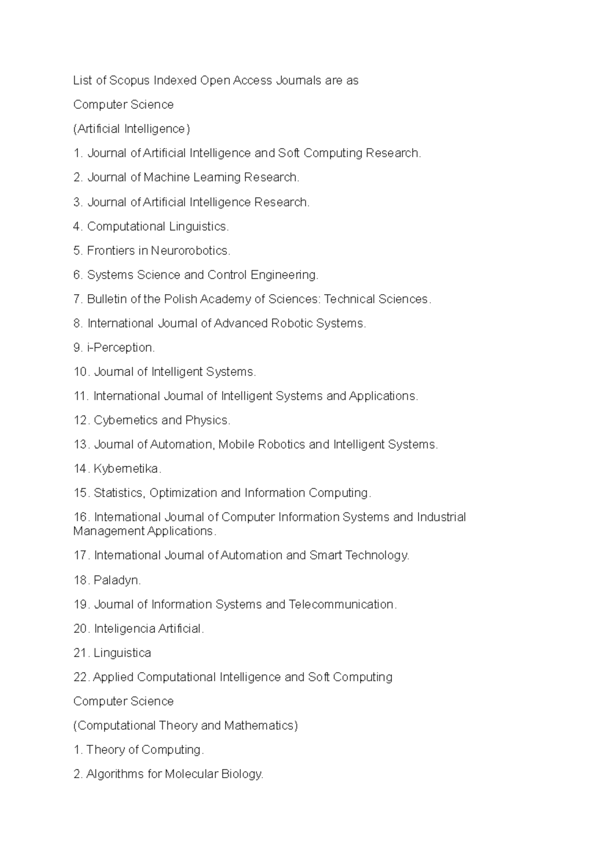 List of Scopus Indexed Open Access Journals in Computer Science - Studocu