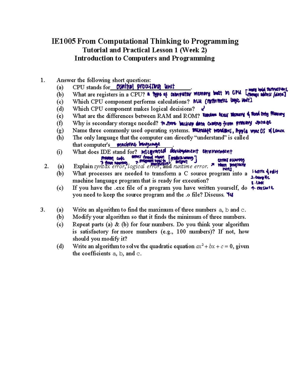 IE1005 From Computational Thinking to Programming Tutorial Qns Part 1 ...