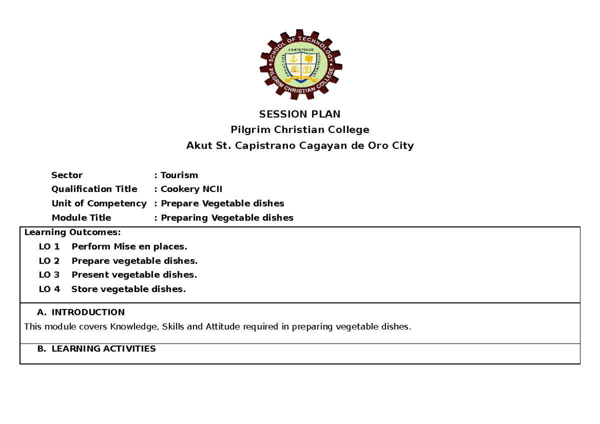 Session Plan for Cookery NC II: Preparing Vegetable Dishes - Studocu
