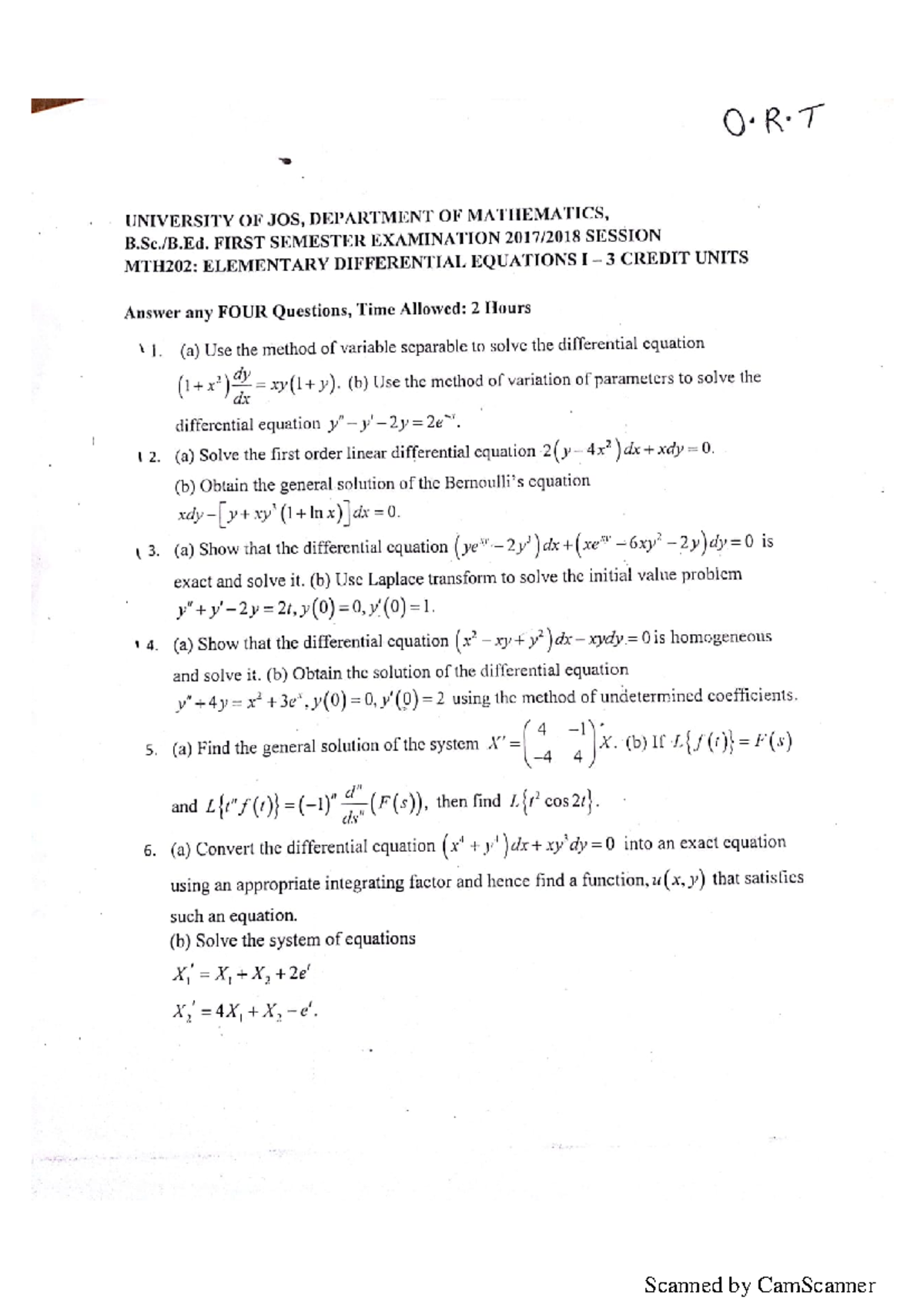 MTH 202 Final Exam Past Questions on Differential Equations - Studocu
