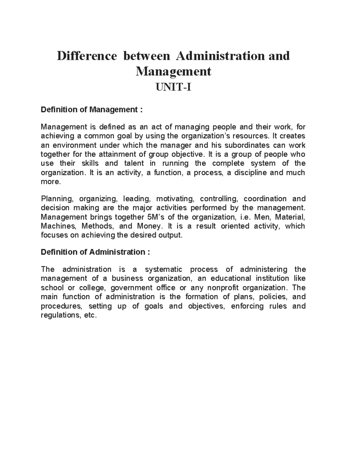 Difference Between Administration and Management: Key Concepts - Studocu