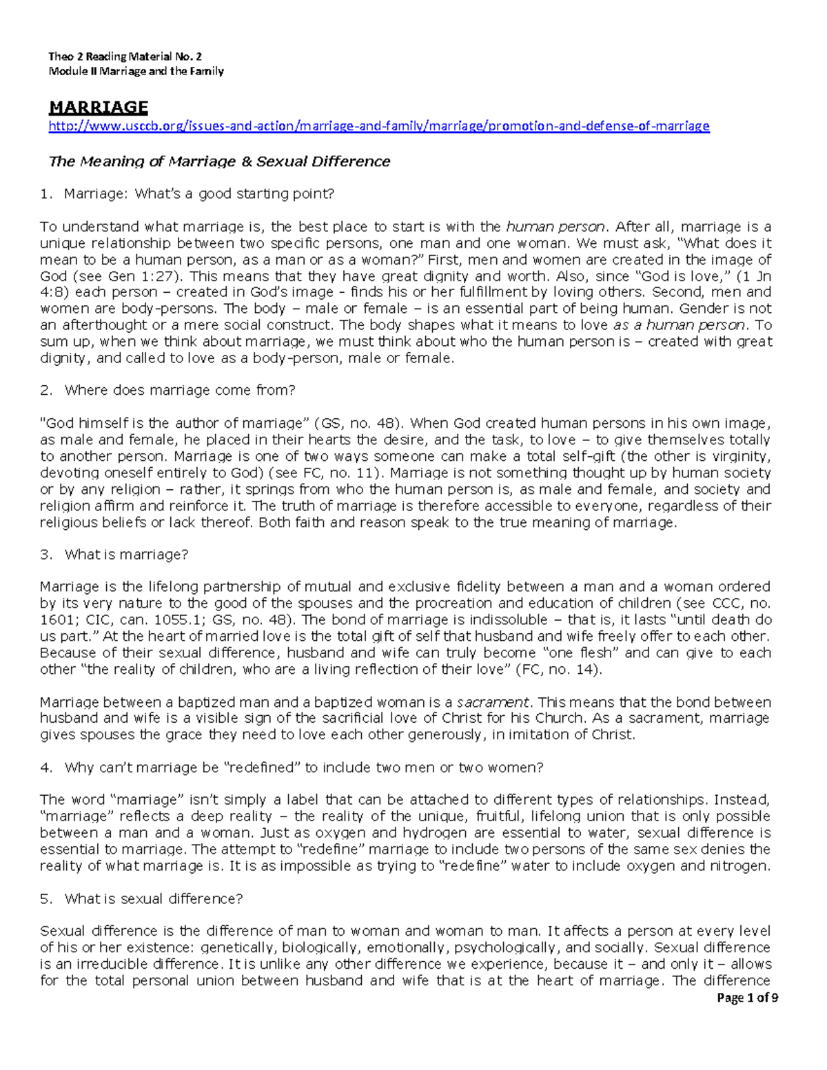 Theo 2 Reading Material No. 2: Understanding Marriage and Family ...