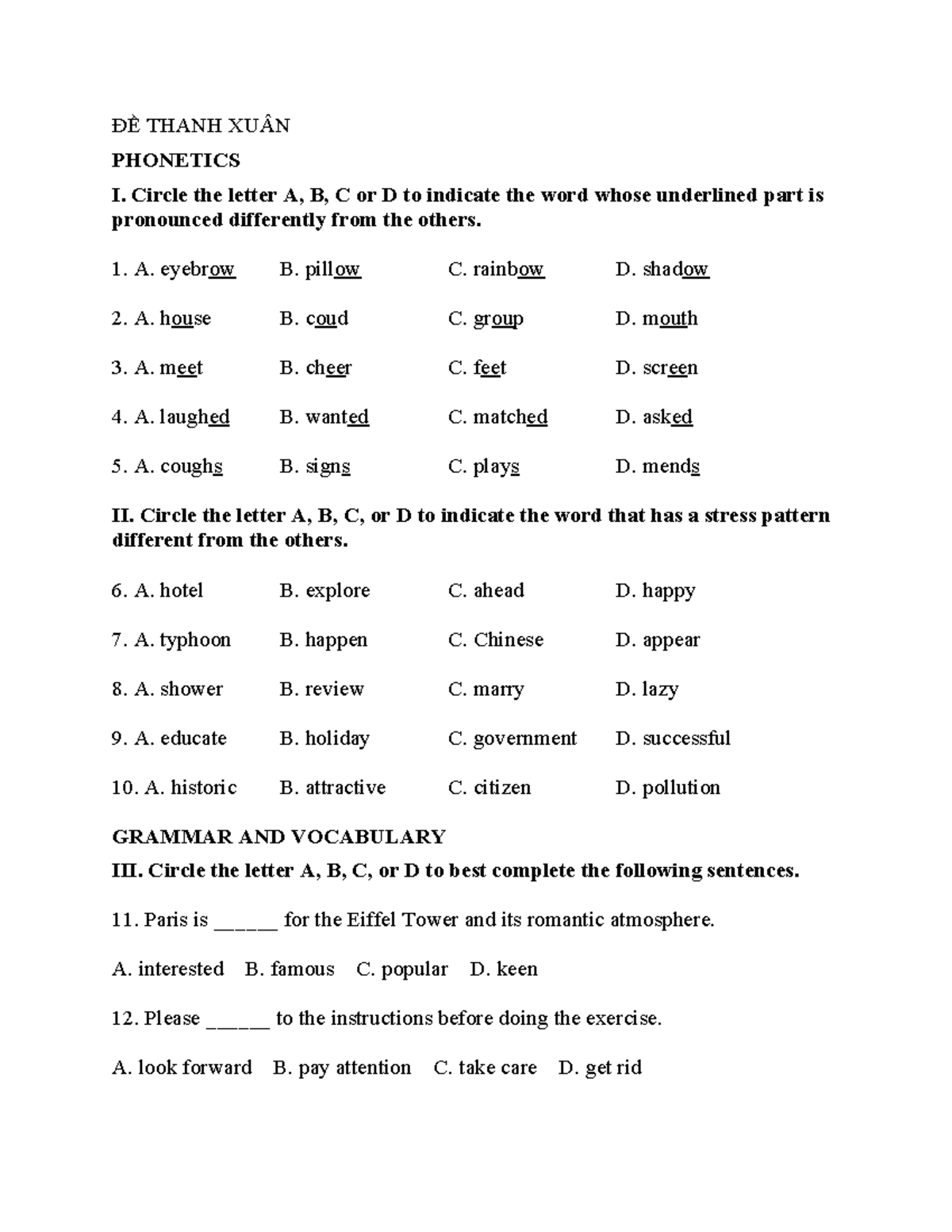 ĐỀ THANH XUÂN PHONETICS I: Pronunciation & Grammar Exercises - Studocu