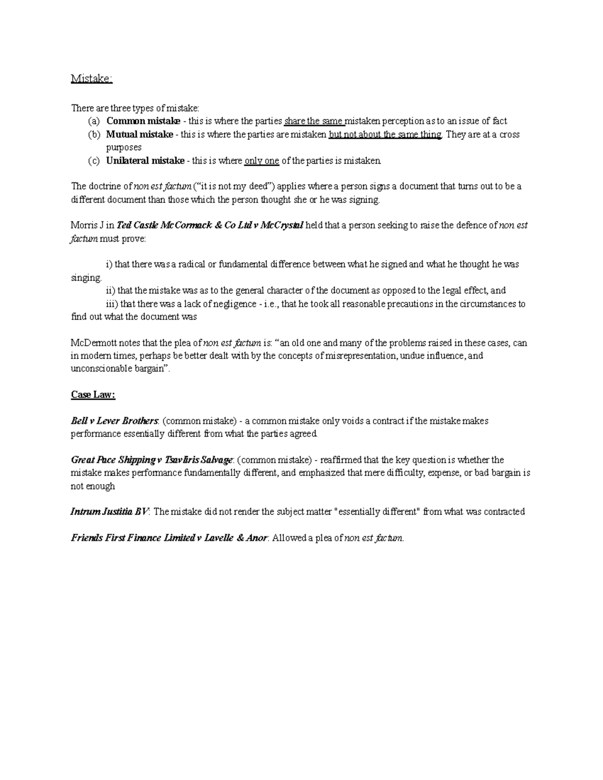 Fe1 Contract Law-44: Types of Mistakes in Contractual Agreements - Studocu