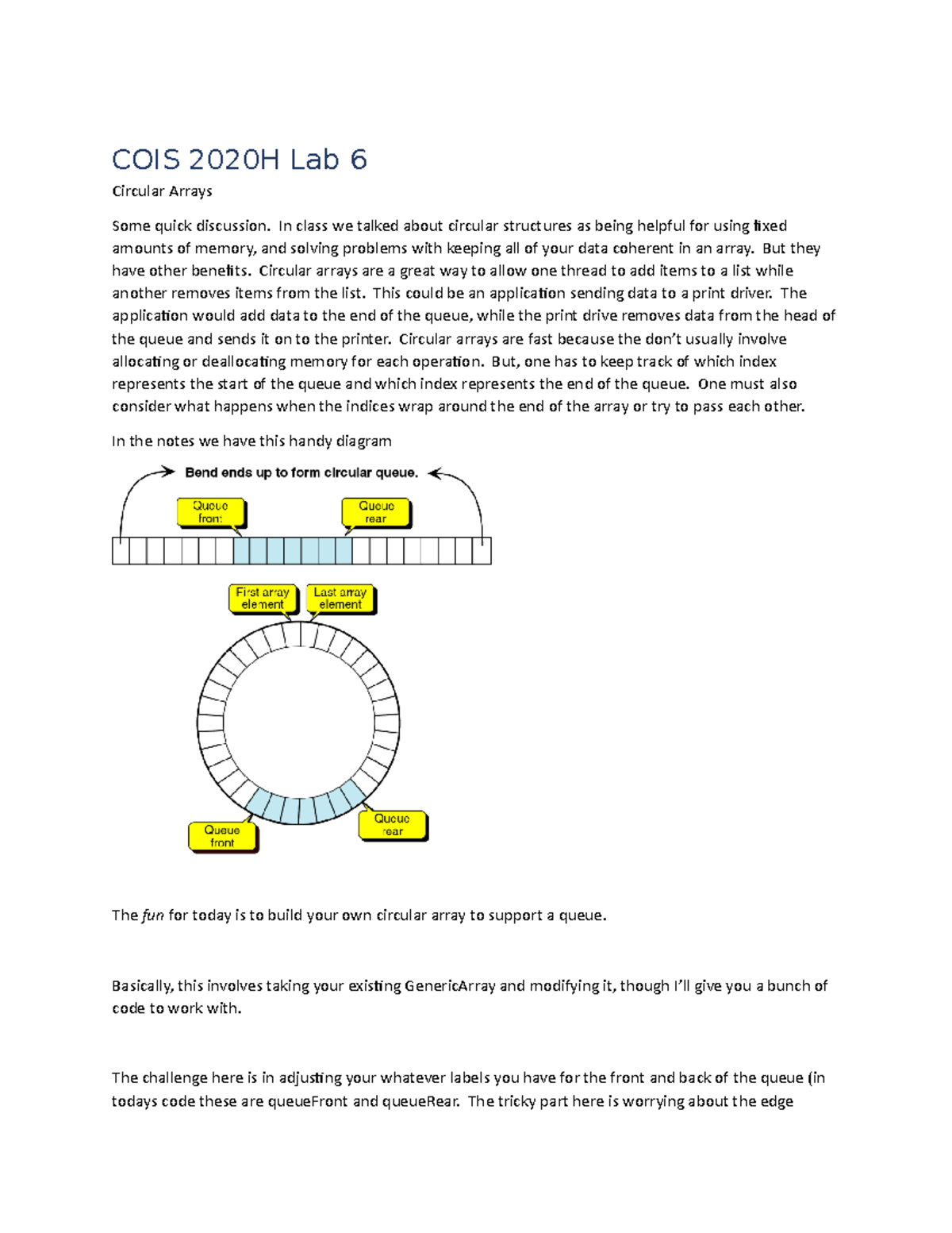 Lecture 6 Lab 6 Circular Data structures for students - COIS 2020H Lab 6 Circular Arrays Some ...