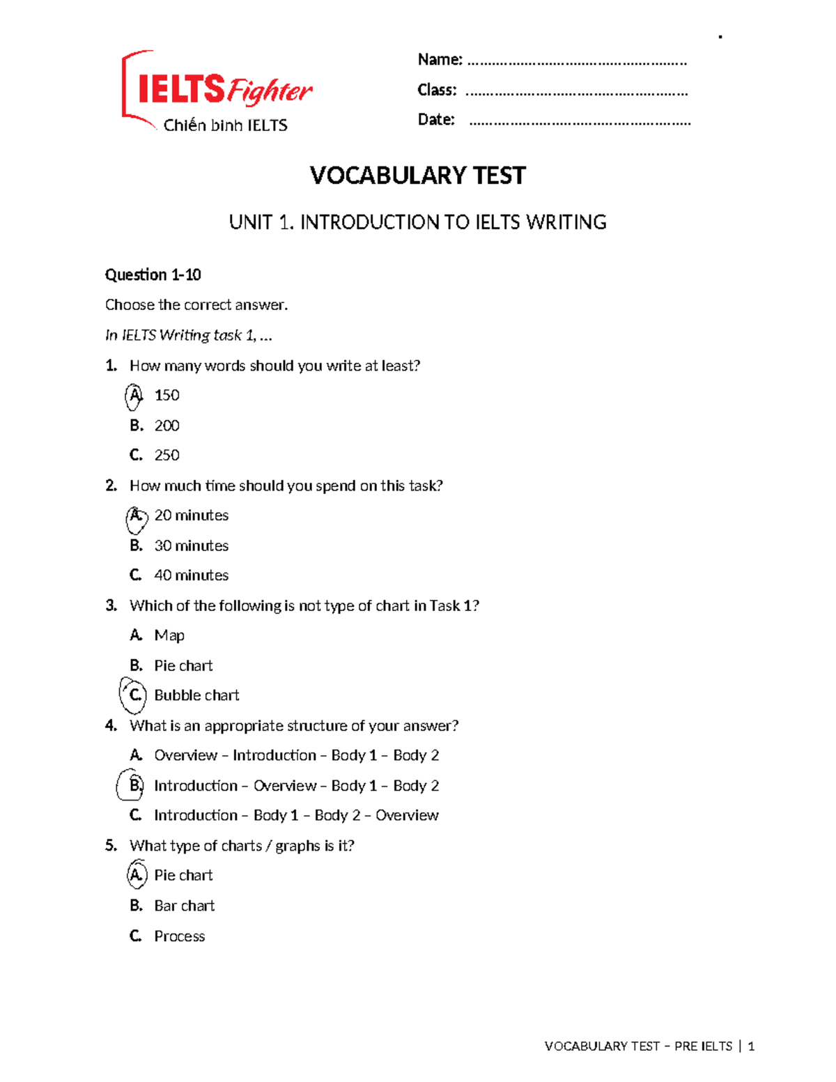 Vocabulary Test Unit 1: Introduction to IELTS Writing - Studocu