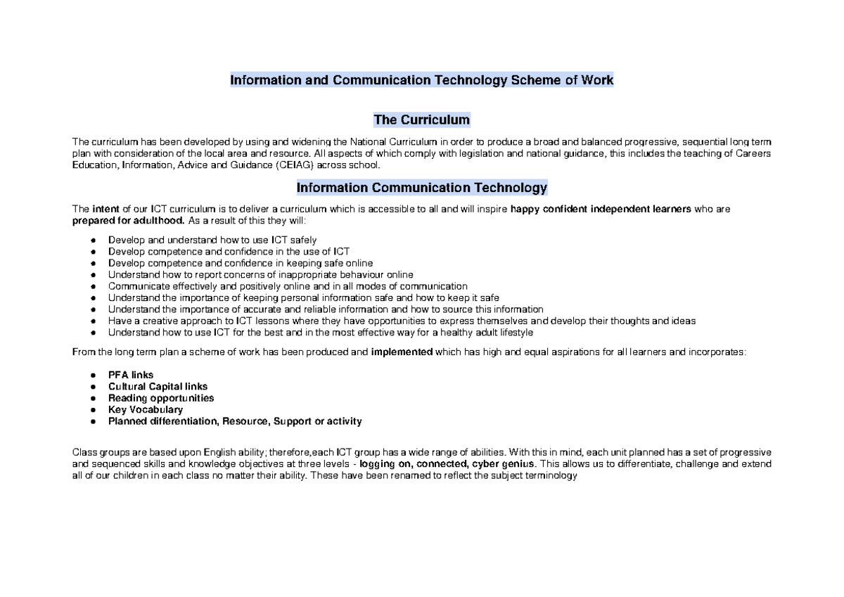 ICT-SOW-2022: Comprehensive Scheme of Work for Information Technology - Studocu