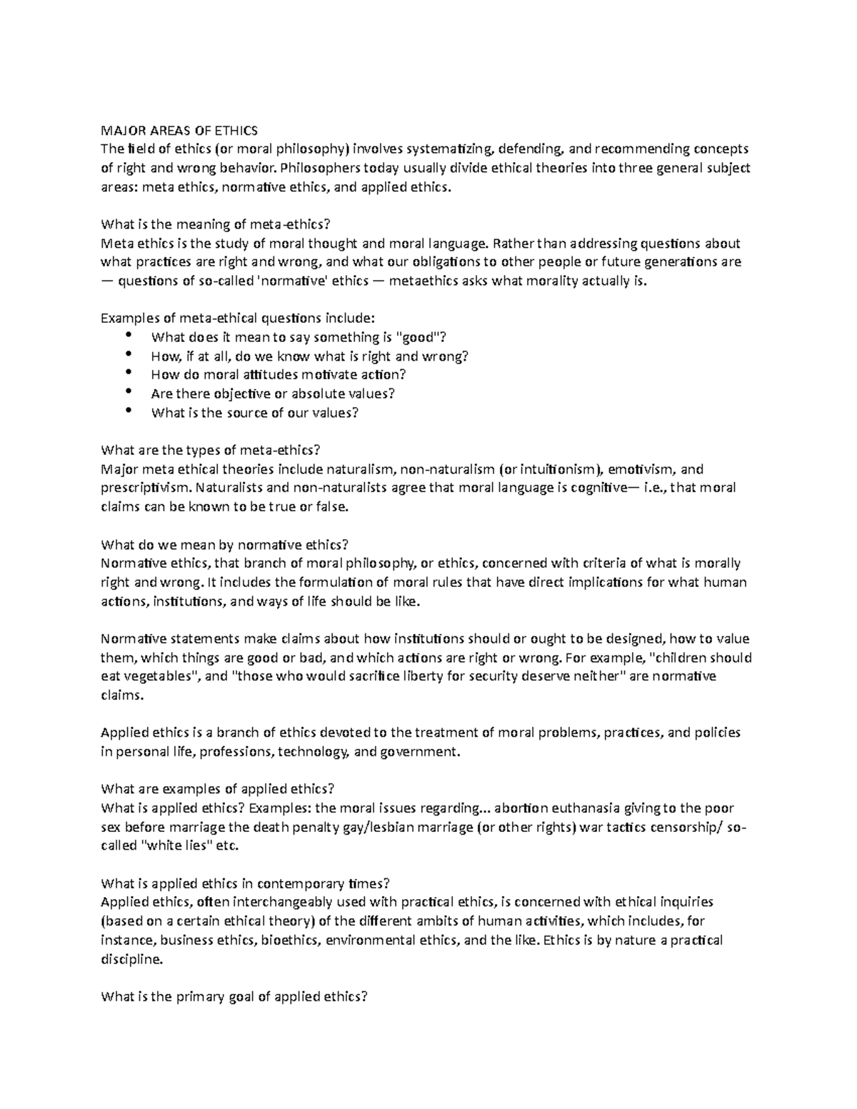 Ethics-5 - Understanding Major Areas: Meta, Normative, Applied Ethics ...