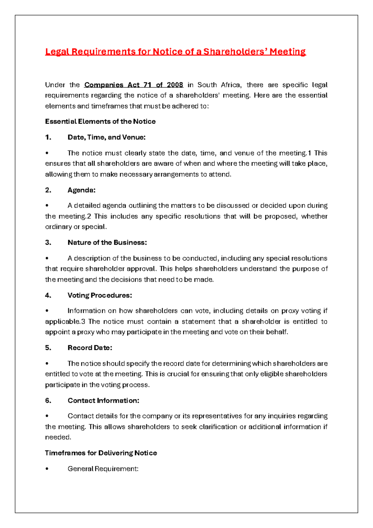 Legal Requirements for Shareholders' Meeting Notice - Companies Act 71/ ...