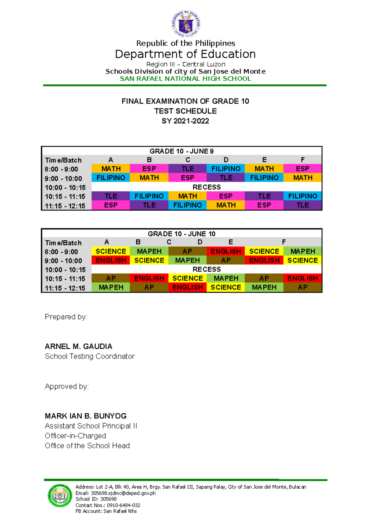 Grade 10 Final Exam Schedule - SY 2021 - Studocu