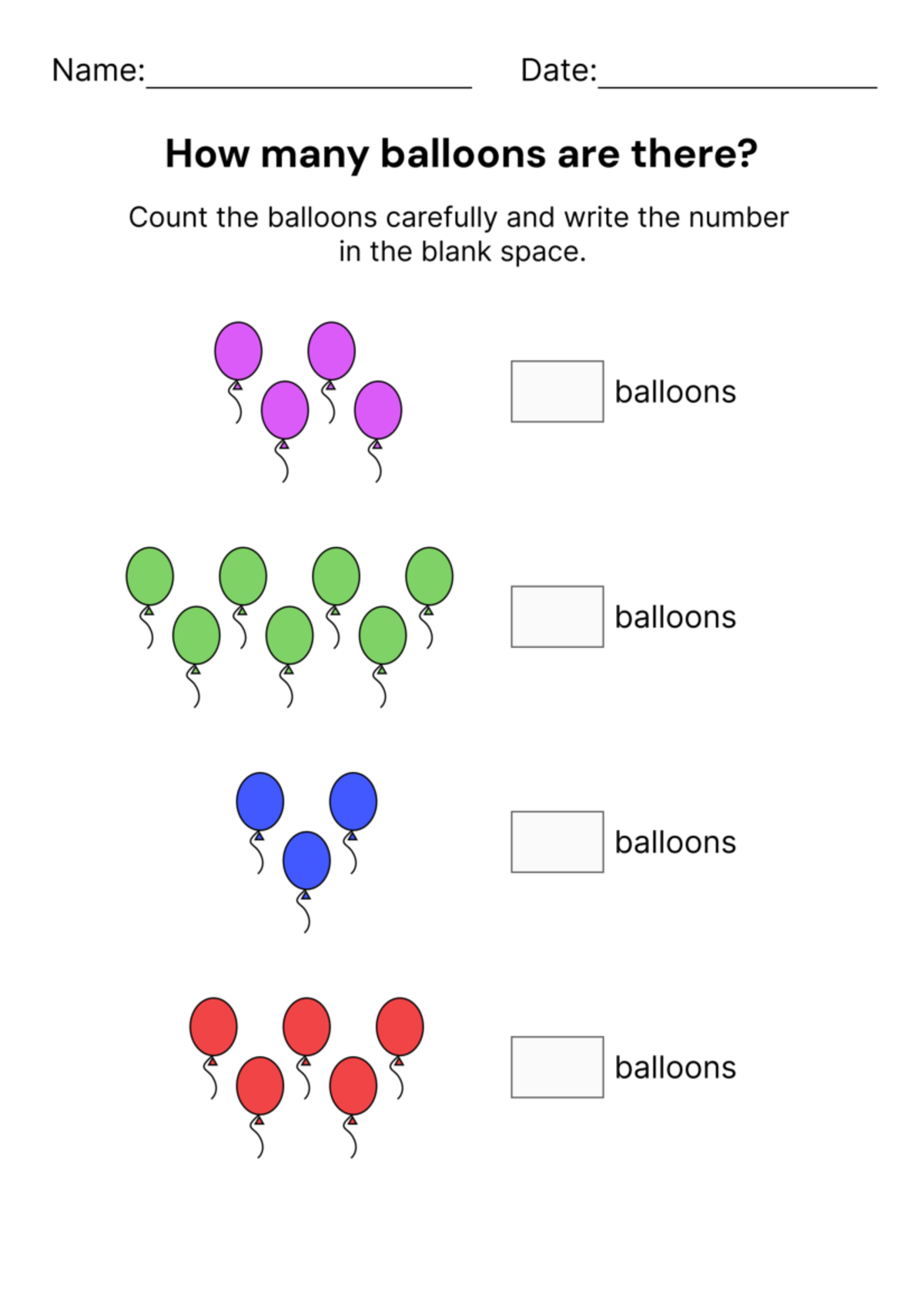 Count the Balloons Worksheet – Version 1 - Date: Name: How many ...
