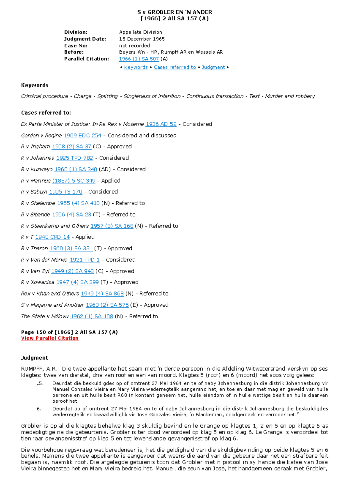 S v Grobler 1966 (1) SA 507: Analysis of Charge Splitting in Murder ...