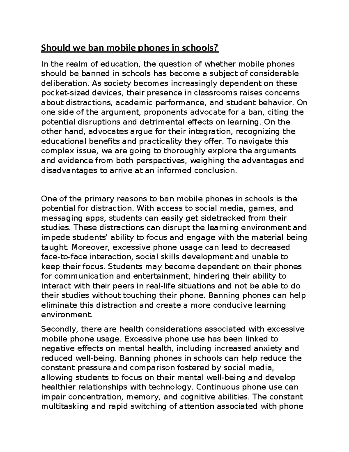 Balanced Argument: Should Mobile Phones Be Banned in Schools? - Studocu