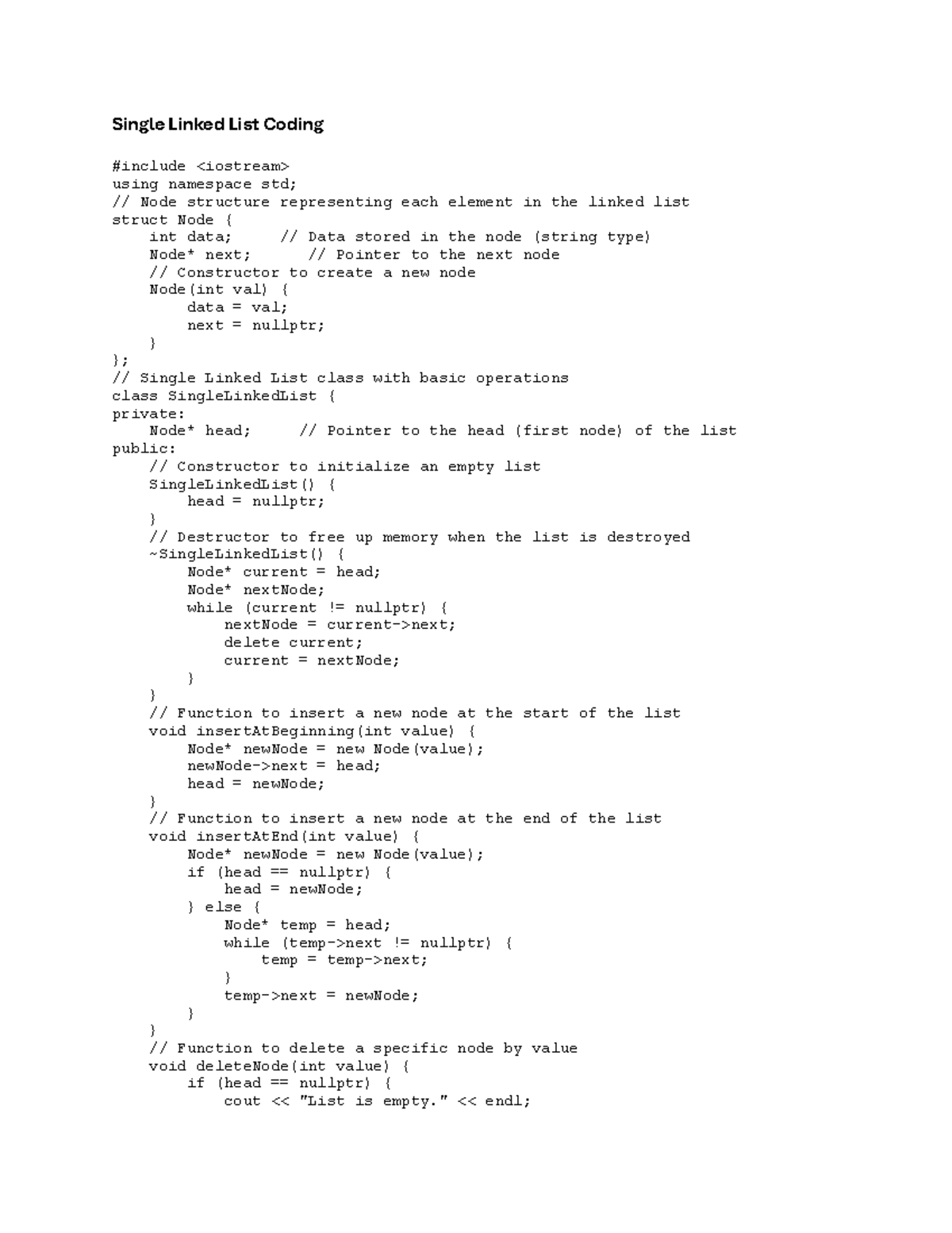 Linked List Coding - Single Linked List Coding #include using namespace std; // - Studocu