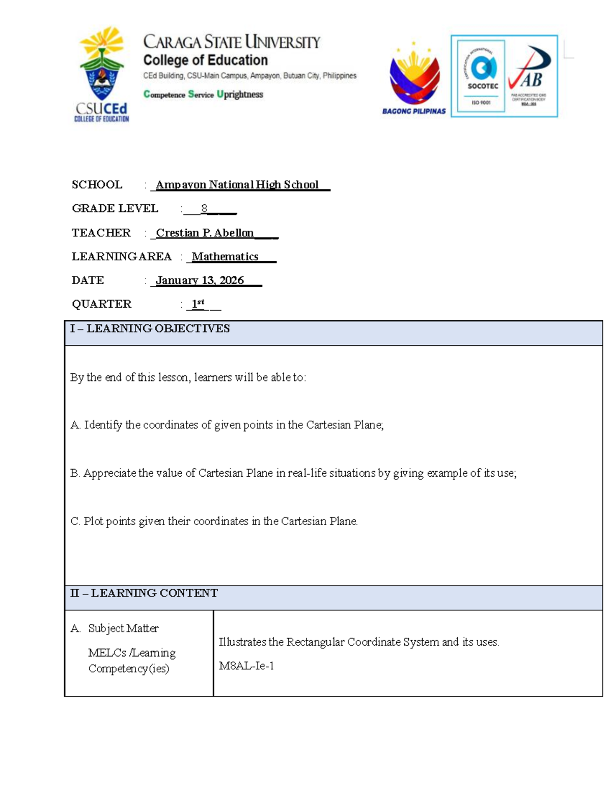 Mathematics Lesson Plan: Cartesian Coordinates (Grade 10) - Studocu