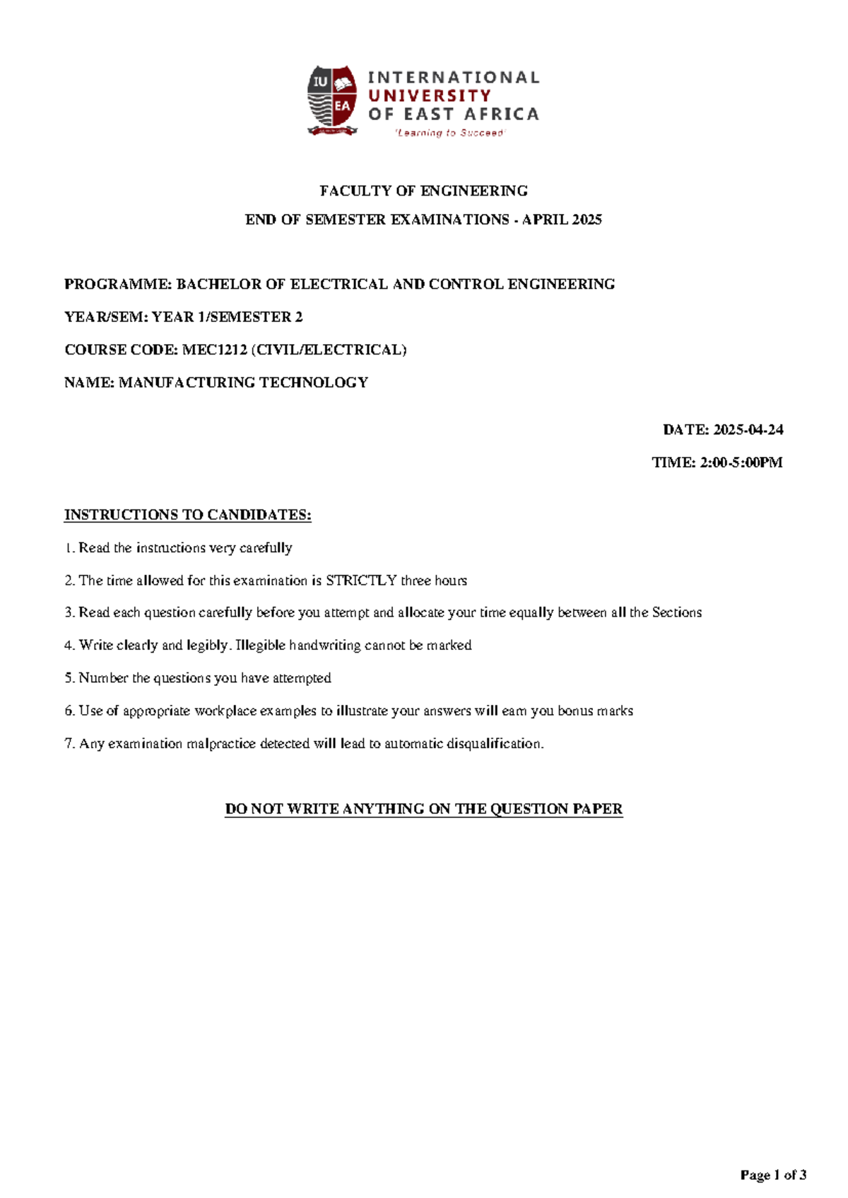 MEC1212 Final Exam: Manufacturing Technology - April 2025 - Studocu
