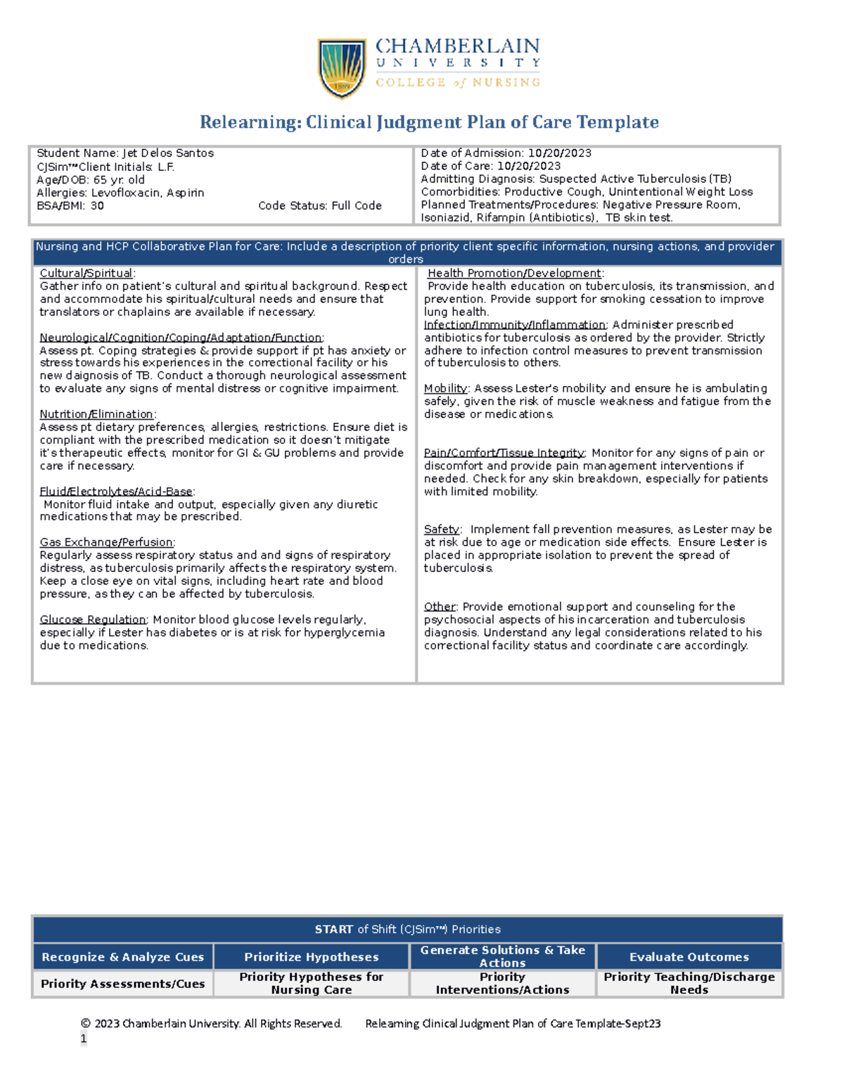 CJSim™ Plan of Care for Patient L.F. with Tuberculosis and ...