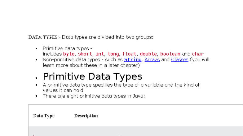 Java Programming Lecture Notes: Data Types & Tokens - Studocu
