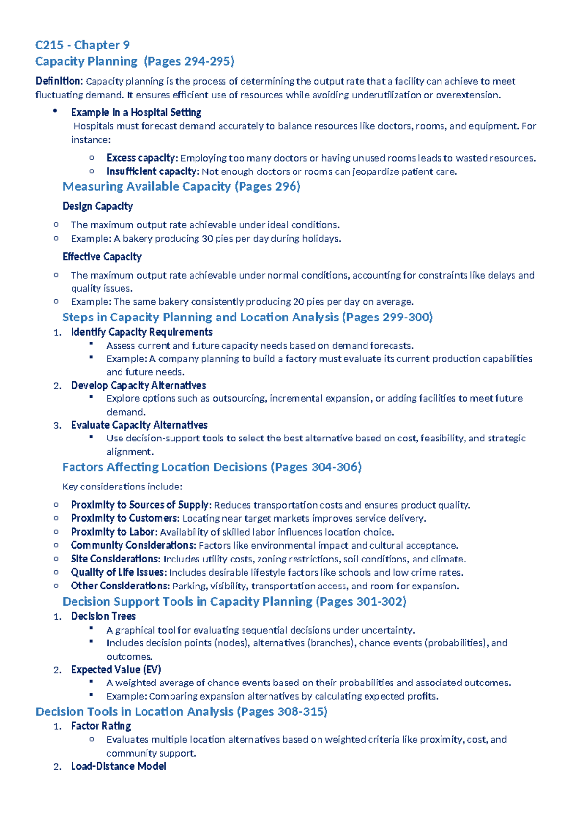 C215 Chapter 9 Notes: Understanding Capacity Planning and Location ...