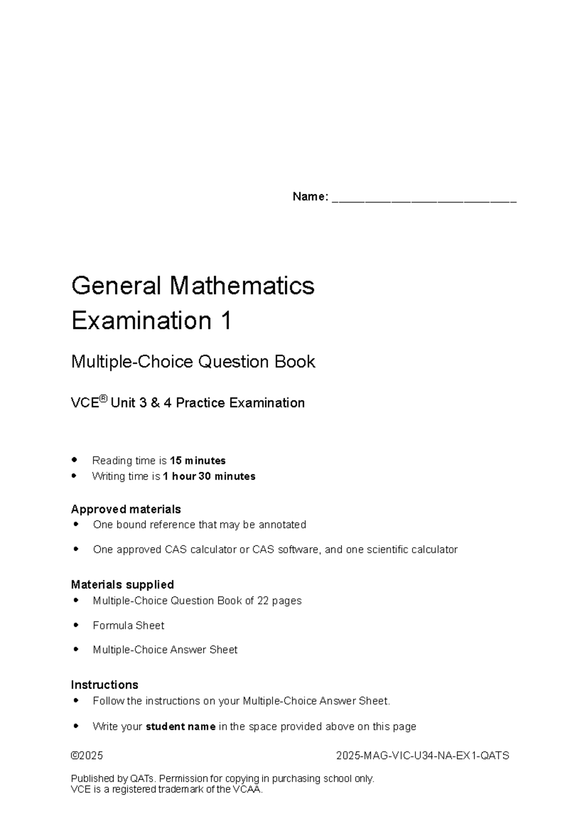 2025 QATS VCE General Mathematics Units 3&4 Trial Exam 1 Question Book - Studocu