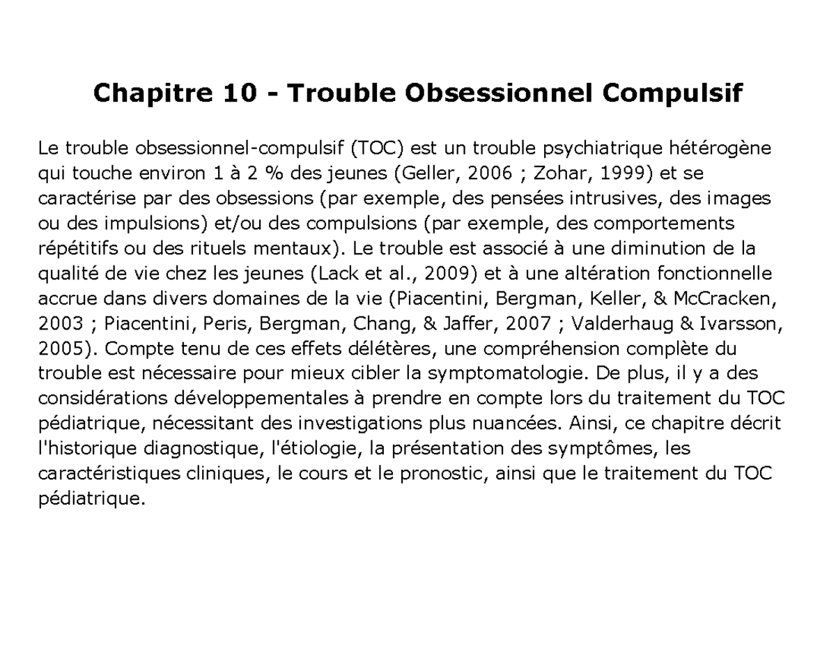 Handbook chapitre 10 - Comprendre le Trouble Obsessionnel Compulsif ...