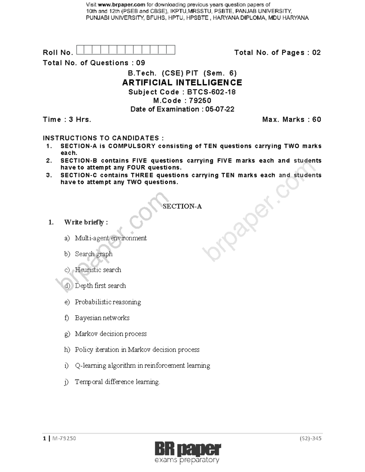B.Tech. (CSE) M.Code: 79250 AI Final Exam Question Paper Analysis - Studocu