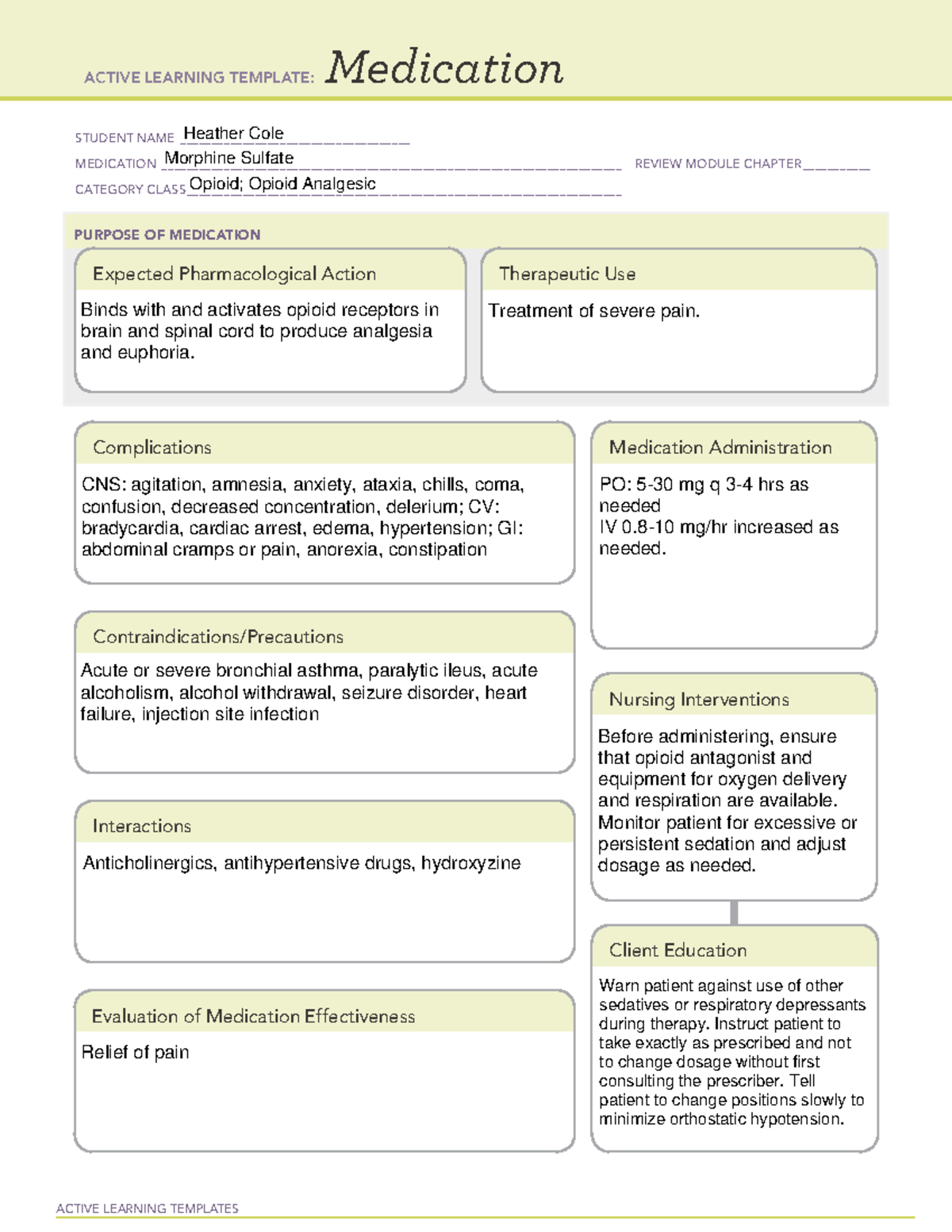 Morphine Sulfate (Opioid Analgesic) - Drug Card Template - Studocu