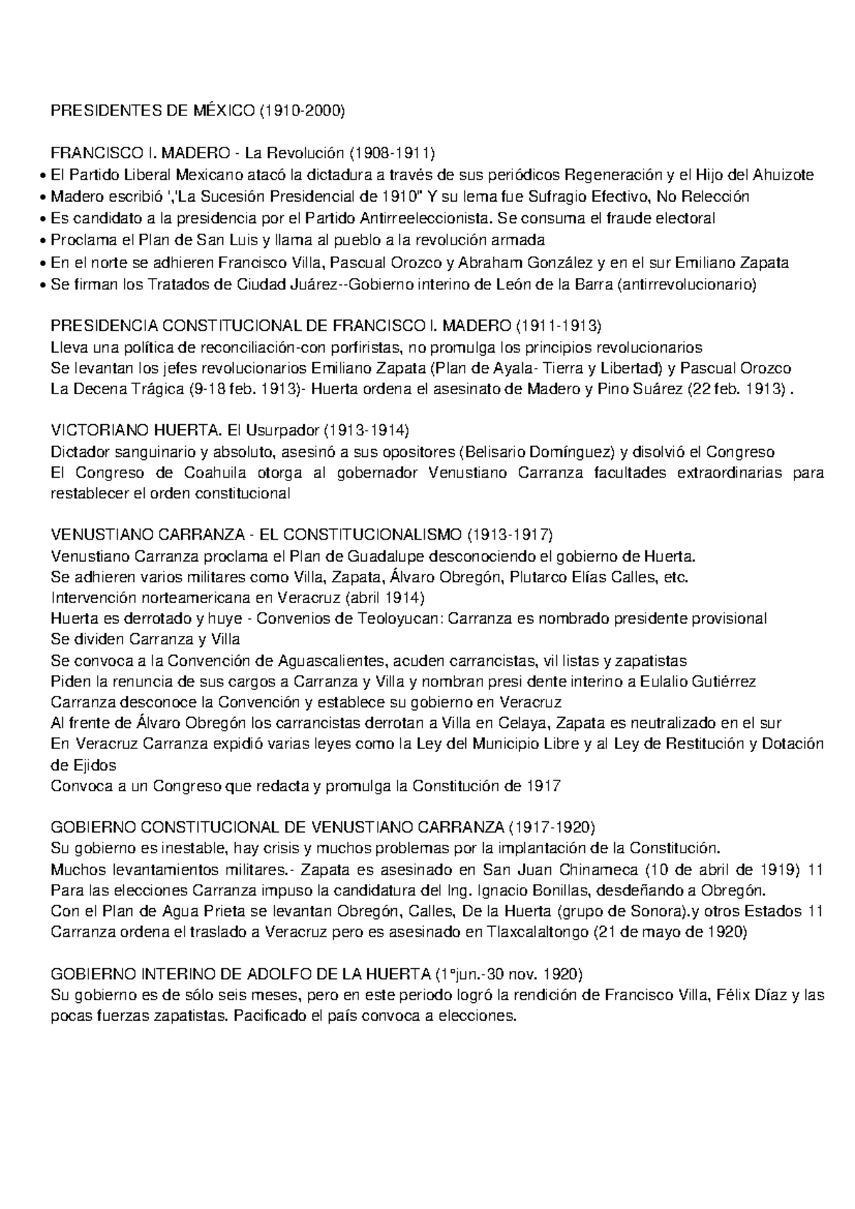 Resumen de Presidentes de México (Historia y Revolución) - Studocu