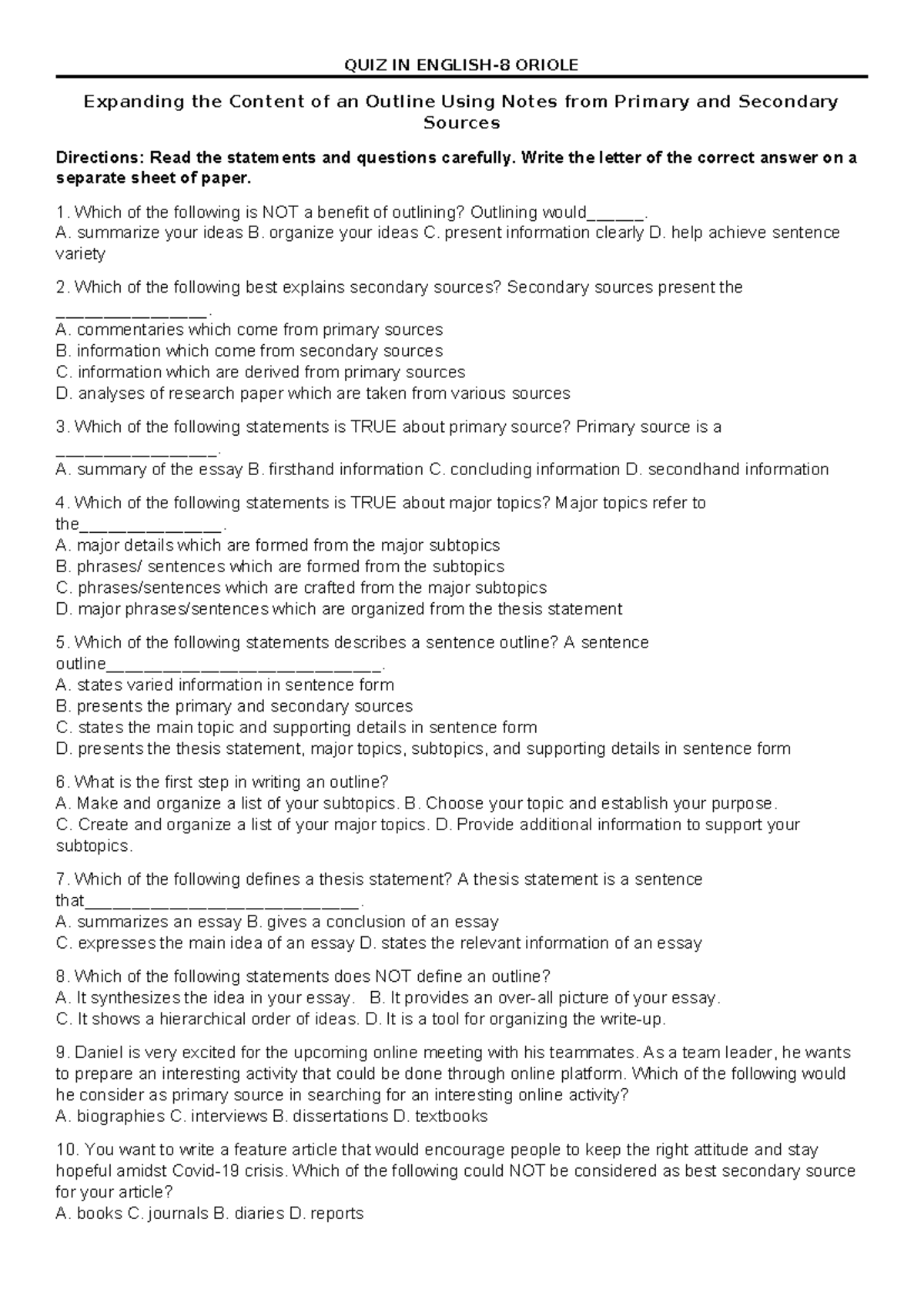 QUIZ IN English (Course Code: 8 ORIOLE) - Challenging Questions on ...