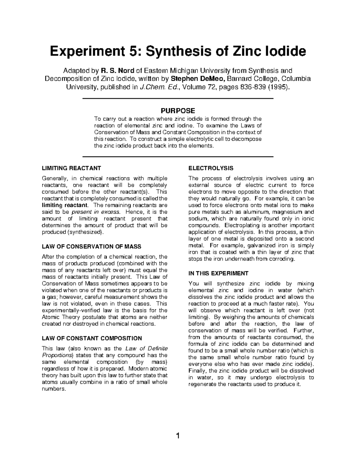 Experiment 5: Synthesis of Zinc Iodide and Electrolysis Analysis - Studocu