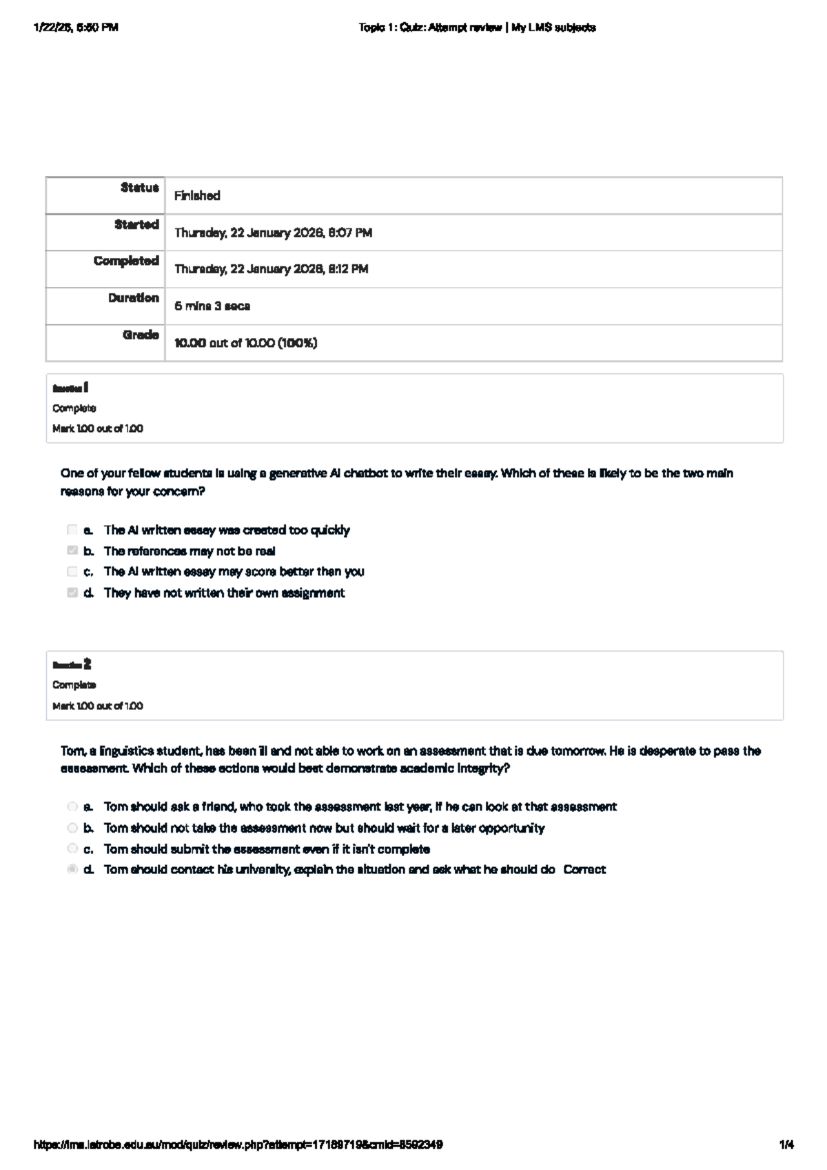 LTU0AIM Quiz 1: Academic Integrity Attempt Review - Studocu