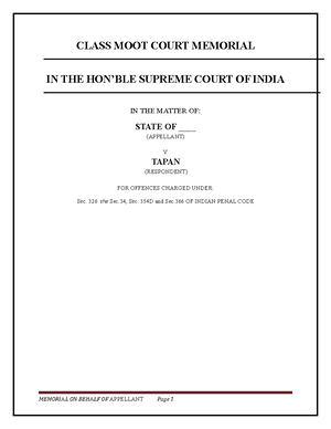 Sample of National Moot Memorial( Petitioner) - BEFORE THE HON`BLE ...