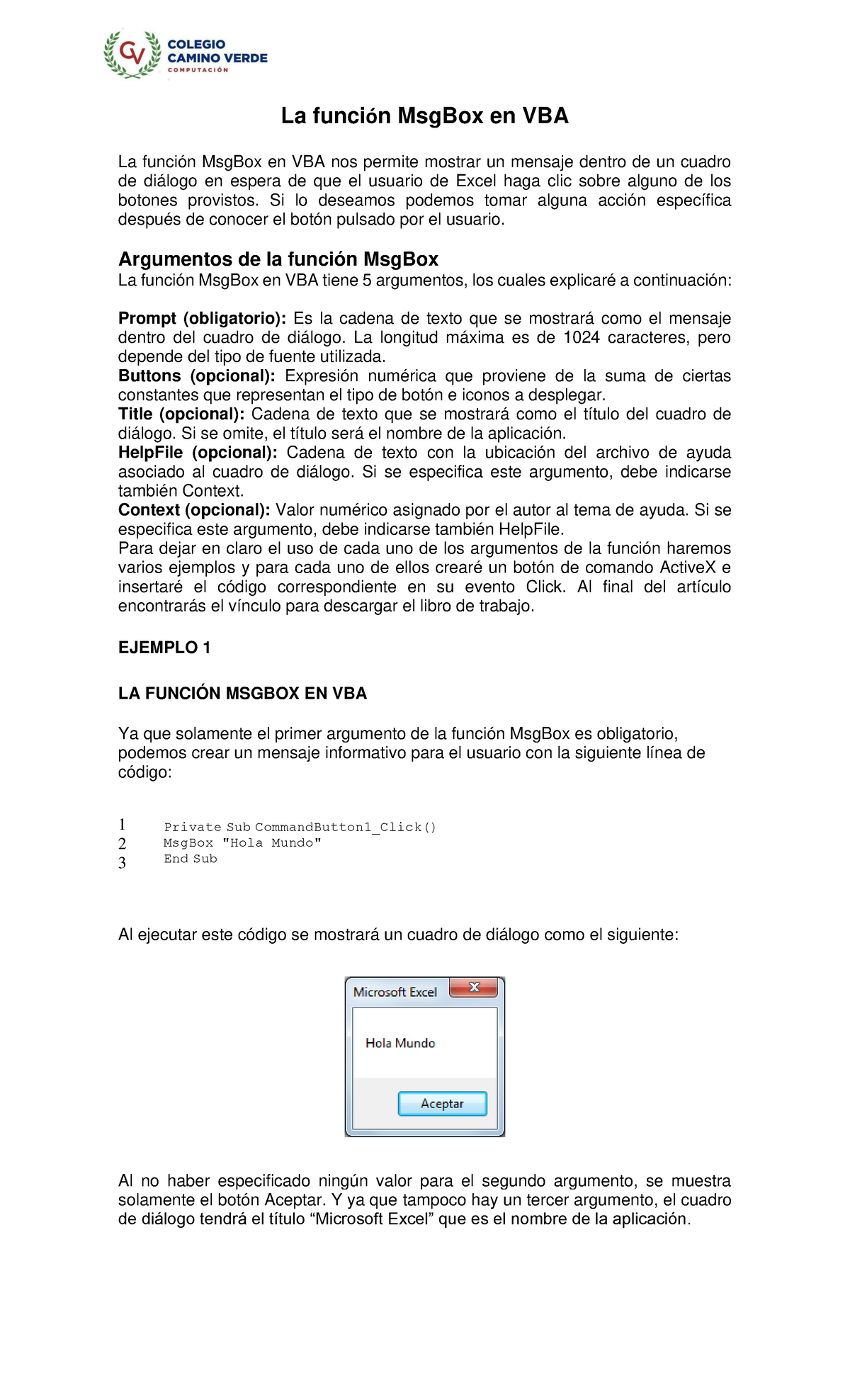 La función MsgBox en VBA: Ejemplos y Uso Práctico - Studocu