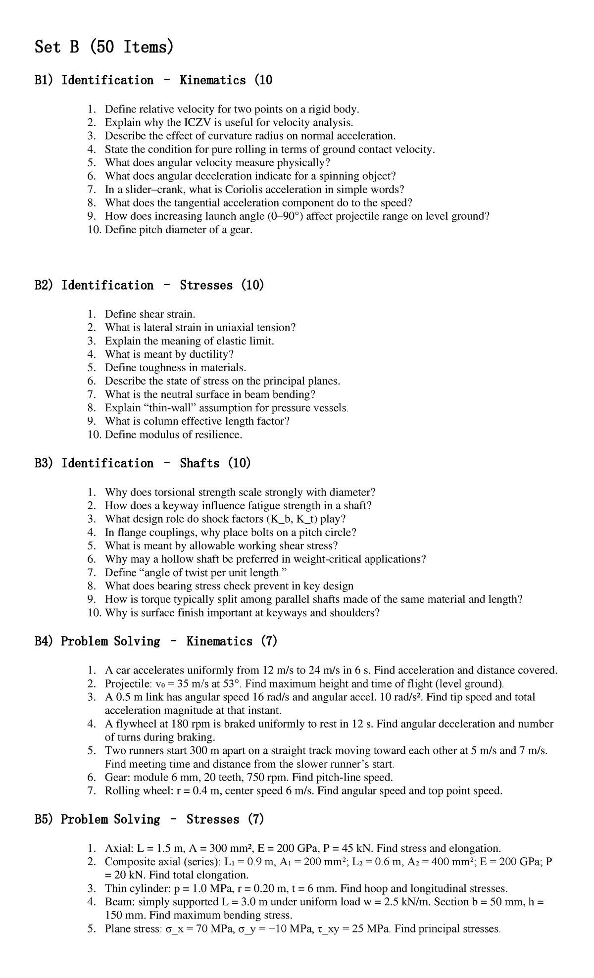 MD1 Set B - Machine Design Questions: Kinematics, Stresses, and Shafts ...