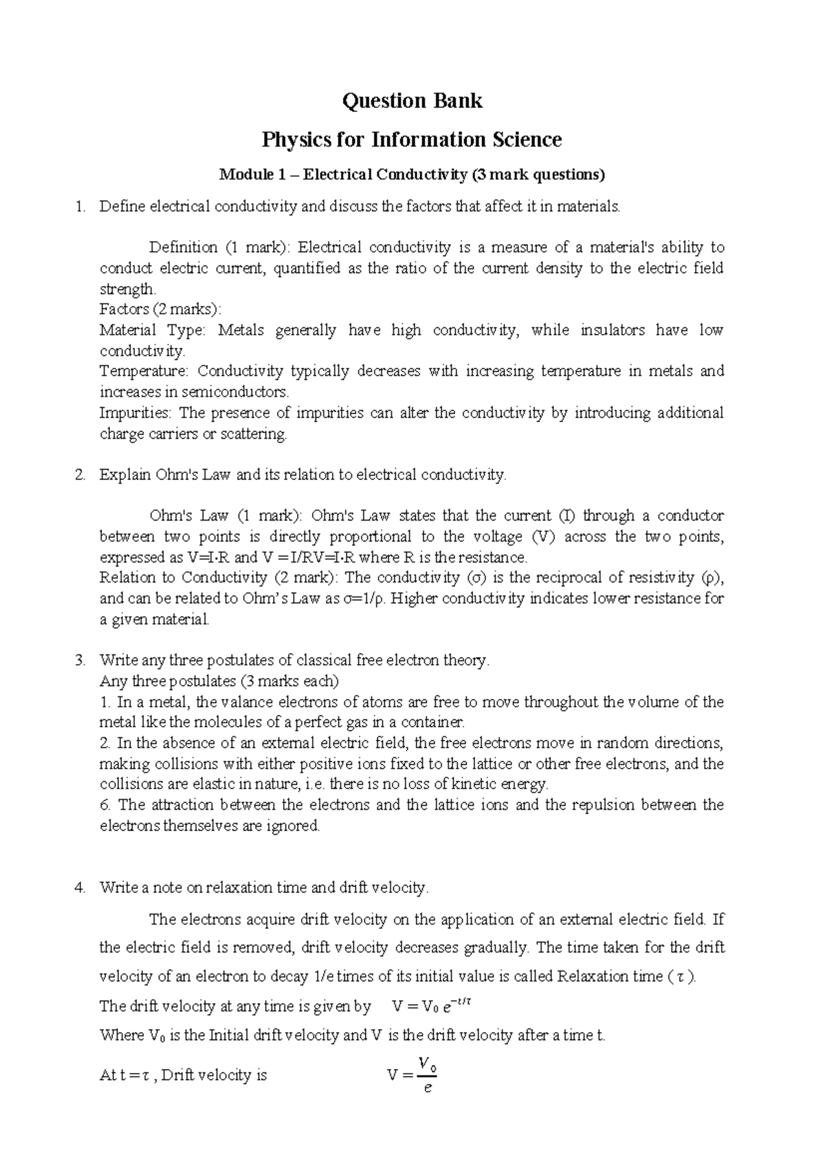 Question Bank - M1 Physics: Electrical Conductivity Concepts Explained - Studocu