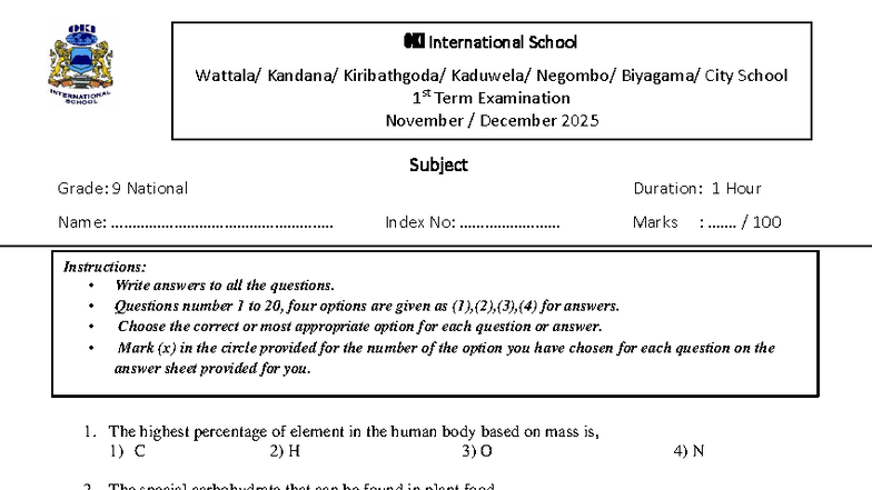 Grade 9 National 1st Term Exam Paper I - OKI International School - Studocu