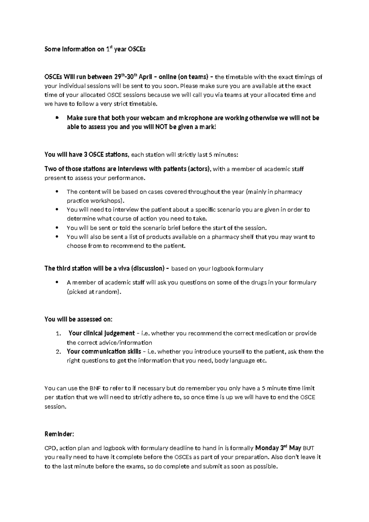 OSCE Prep for 1st Year Students - April 2023 Guidelines - Studocu
