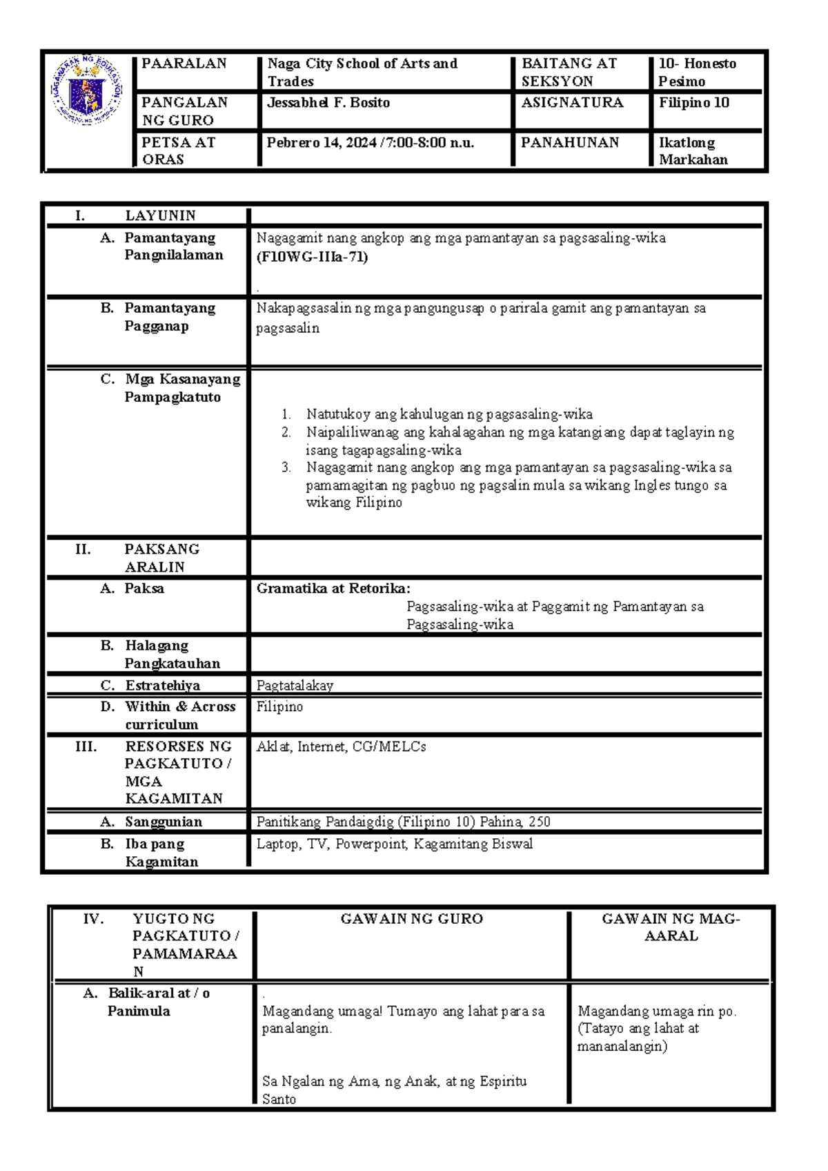 Filipino 10 G10 Lesson Plan on Pagsasaling-wika and Standards - Studocu